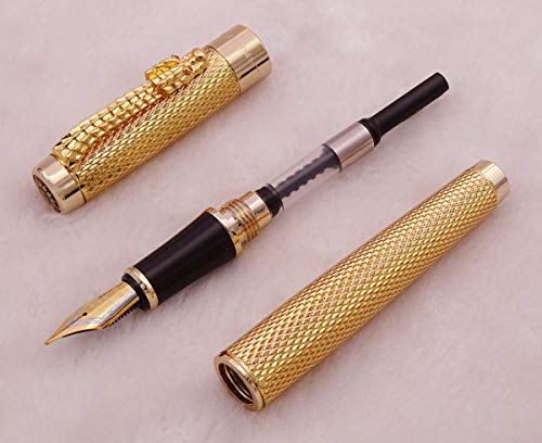 Gullor Jinhao Golden Dragon Red Crystal Eyes Fountain Pen with Push in Style Ink Converter