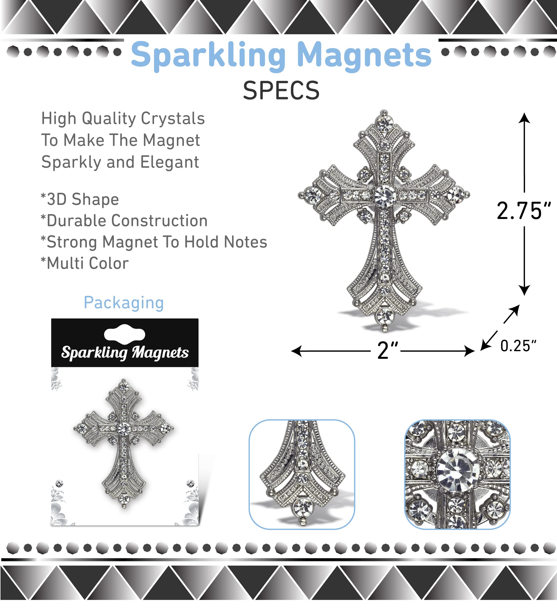 Aqua79 Fleur De Lis Sparkling Refrigerator Magnet - Silver Sparkling Charm Rhinestones Crystals, Cute Sparkly Cross Magnet for Kitchen Door Fridge, Cool Home and Office Novelty Decor - 2.75 Inch