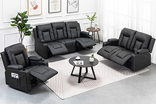 COMHOMA Recline Chair Set,Furniture 3PC Bonded Leather Recliner Set Living Room Set, Sofa with massger(Black, 3+2+1)