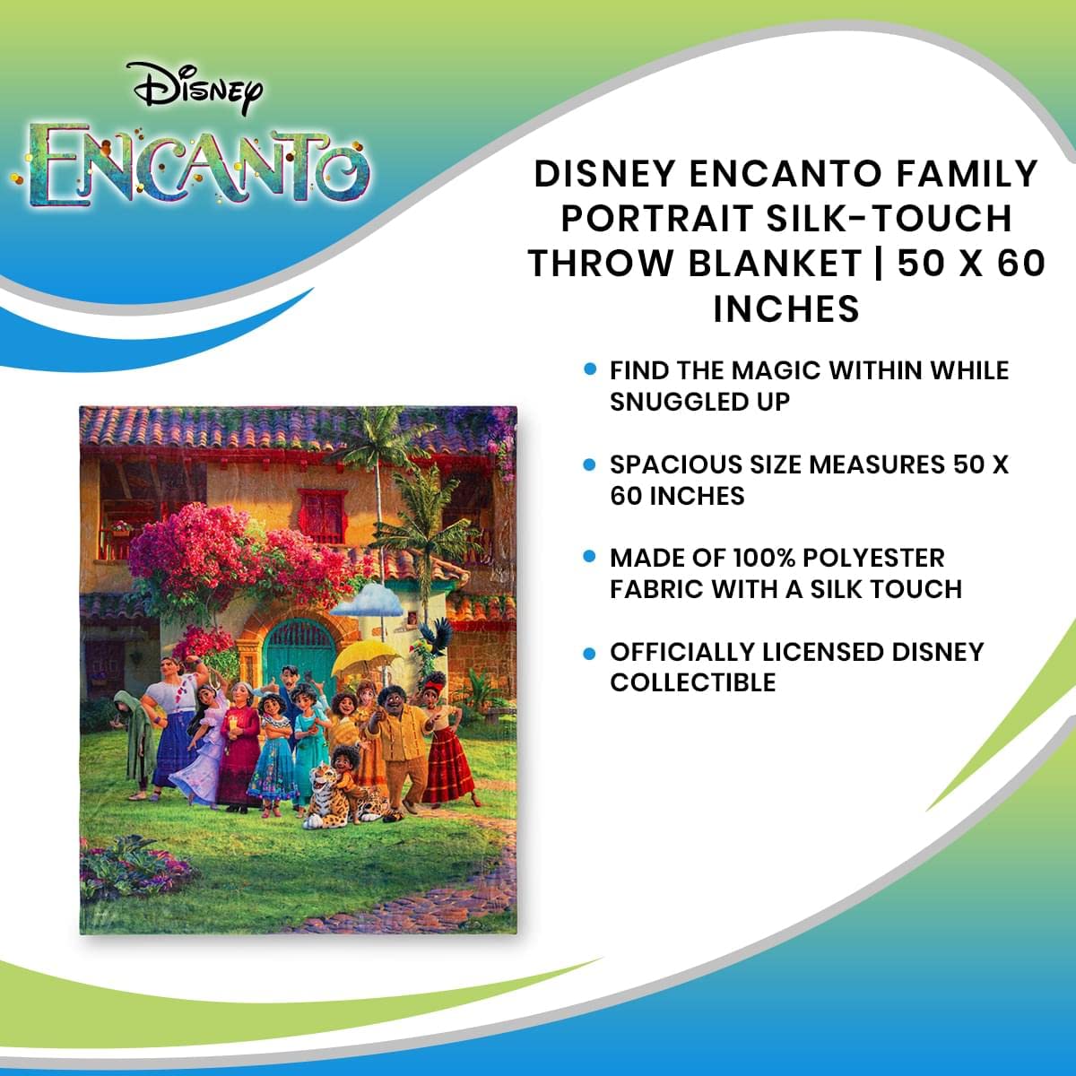 Disney Encanto Family Portrait Silk-Touch Fleece Throw Blanket With Blue Sherpa Backing | Plush Soft Polyester Cover For Sofa and Bed, Cozy Home Decor, Luxury Room Essentials | 50 x 60 Inches