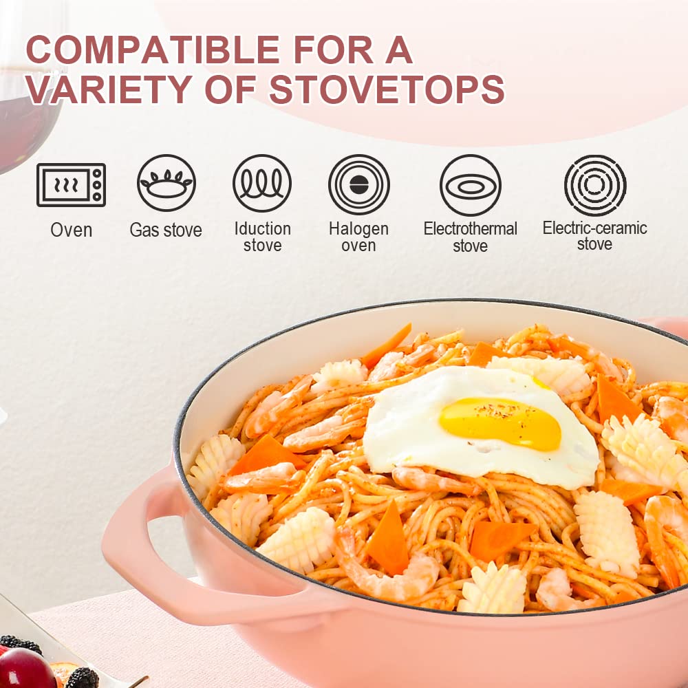 M-COOKER 3.8 Quart Enameled Cast Iron Braiser Pan with Lid,Covered Cast Iron Casserole Dish, Shallow Dutch Oven with Lid, Gift Idea for Family, Oven Safe (Sakura pink)