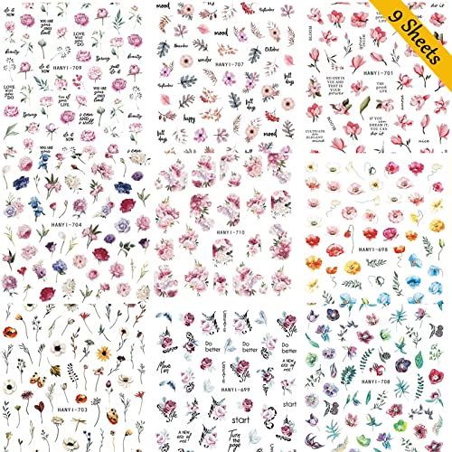 Baoximong 9 Sheets Flower Nail Art Stickers Decals 3D Self-Adhesive Nail Decals Spring Floral Nail Art Supplies Charming Daisy Leave Peony Nail Accessories for Women Nail Decorations Design