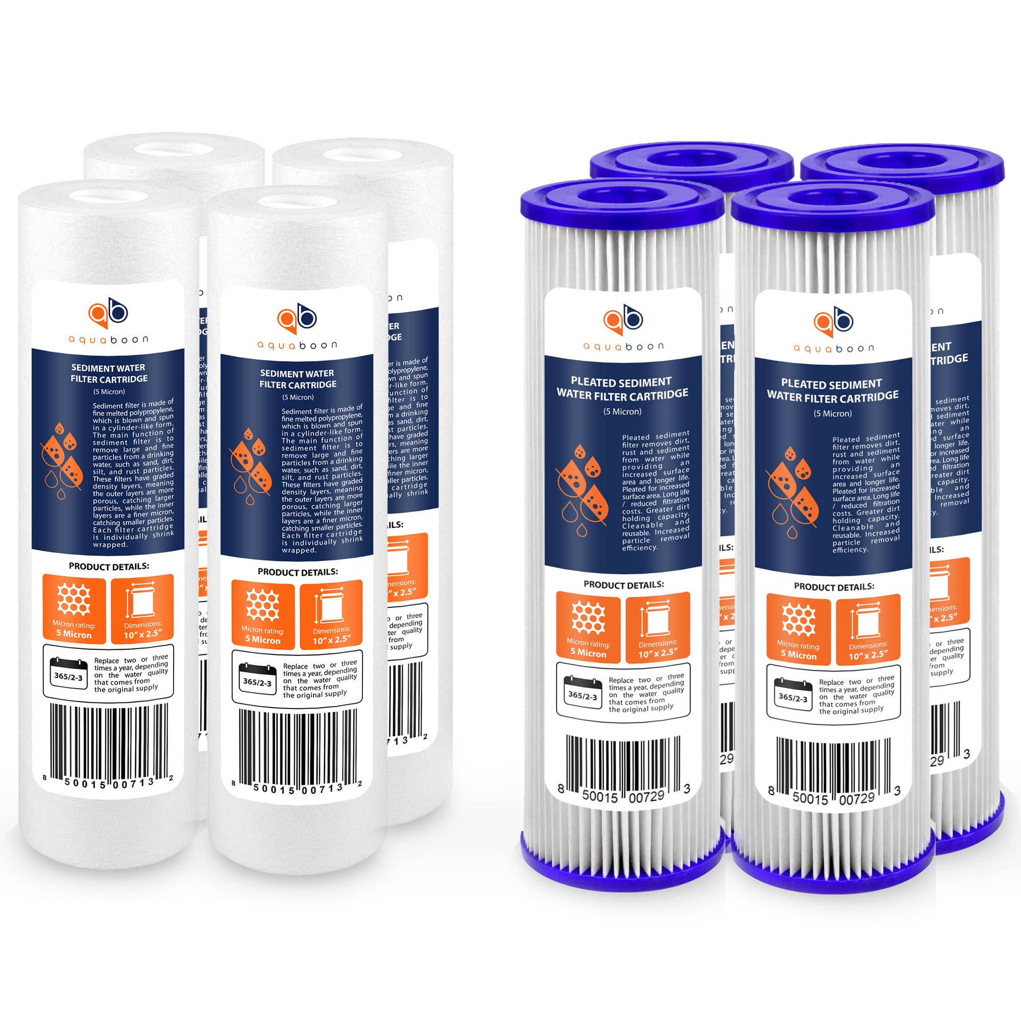 Aquaboon 4-Pack of 5 Micron 10" x 2.5" Sediment Water Filter Replacement Cartridge & Aquaboon 4-Pack Pleated Sediment Water Filter Cartridge | Universal Whole House 5 Micron 10 inch Cartridges