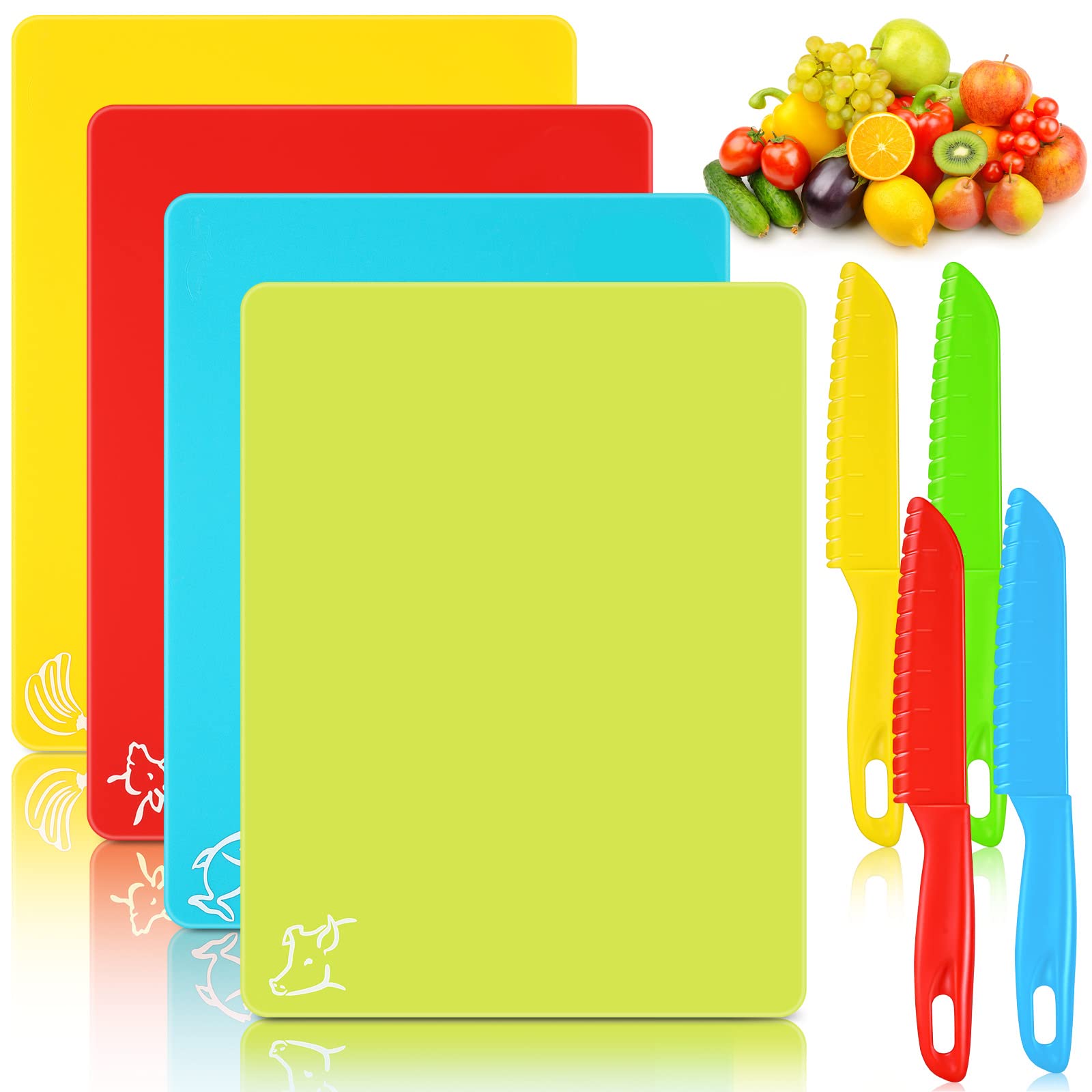 8 Pcs Kids Cutting Board and Knife Set 4 Pcs Colored Flexible Plastic Cutting Board Mats with Food Icons Slip Proof Chopping Board 4 Pcs Kid Plastic Kitchen Knife Set for Kids Safe Cooking Utensils