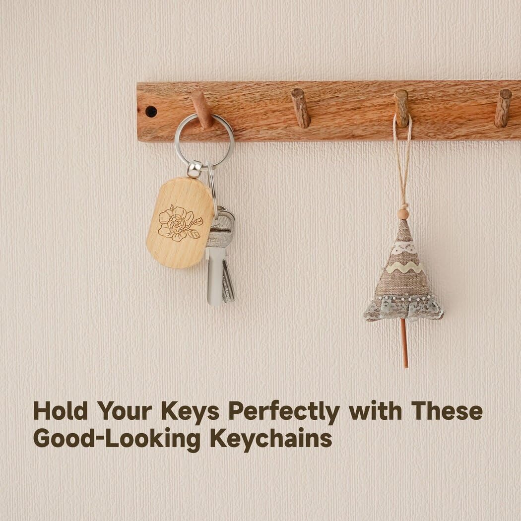 70 PCS Wooden Keychains, Engraving Blanks Wooden Blank Keychains, Wood Key Chain Bulk, Wooden Key Ring Key Tag for DIY Gift Crafts