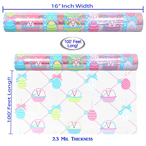 AnapoliZ Easter Cellophane Wrap Roll | 100’ Ft. Long X 16” In. Wide 2.3 Mil Thick , Crystal Clear , Design Cello Wrapping Paper for Treats , Baskets , Gifts Bunnies & Eggs