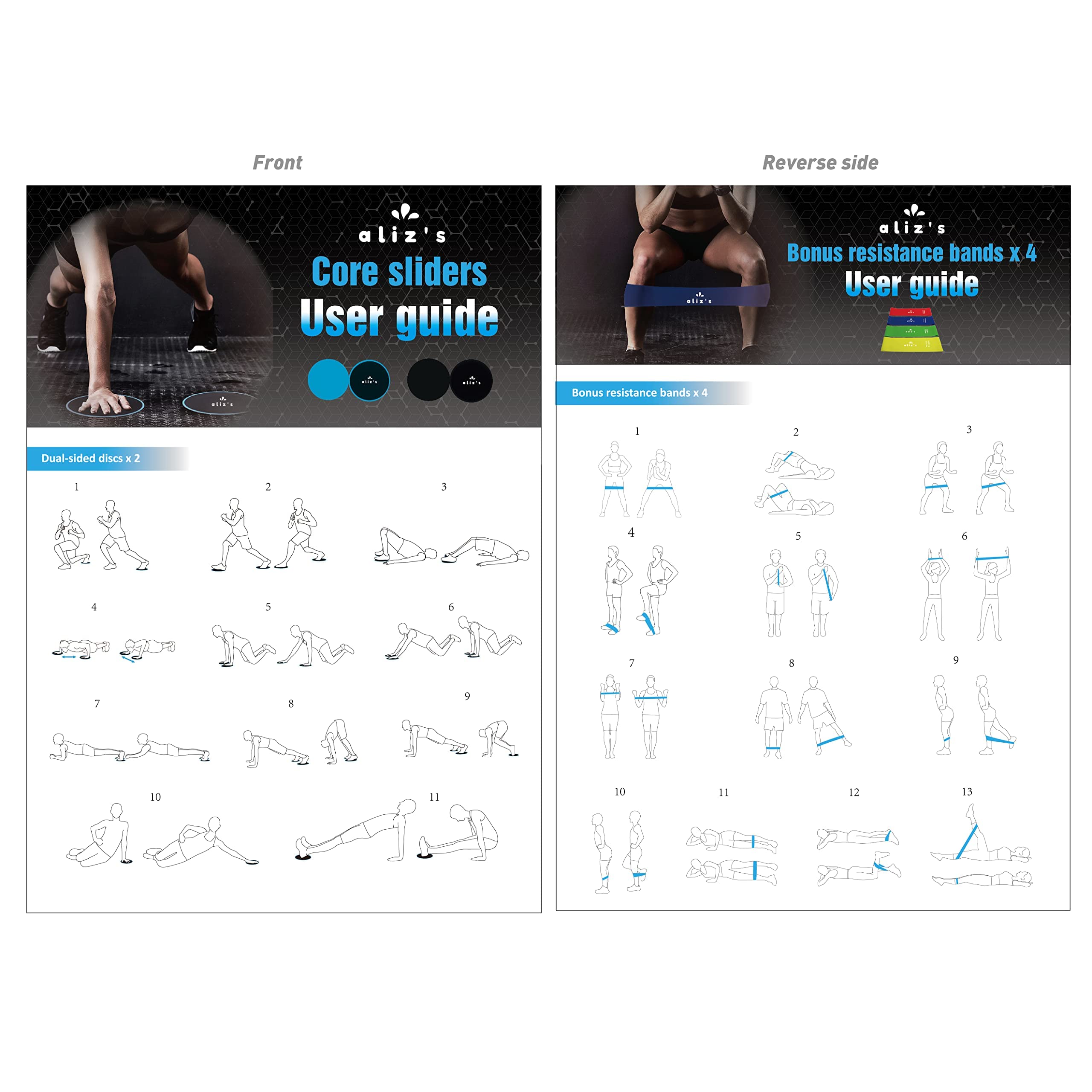 Aliz's Core sliders - Strength slides - Gliding discs - Ab gliders (pack of 2) and Resistance Bands (pack of 4)-UPGRADED - User Guide and Carry Bag Included