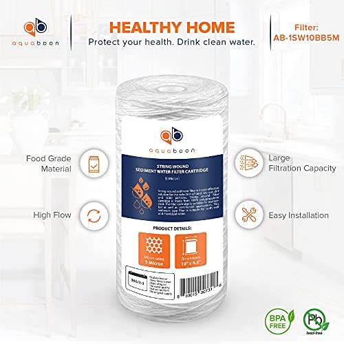 Aquaboon 4.5β x 10" Whole House Water Filter System with Pressure Release (1" Port) & Aquaboon 5 Micron 10" String Wound Sediment Water Filter Cartridge