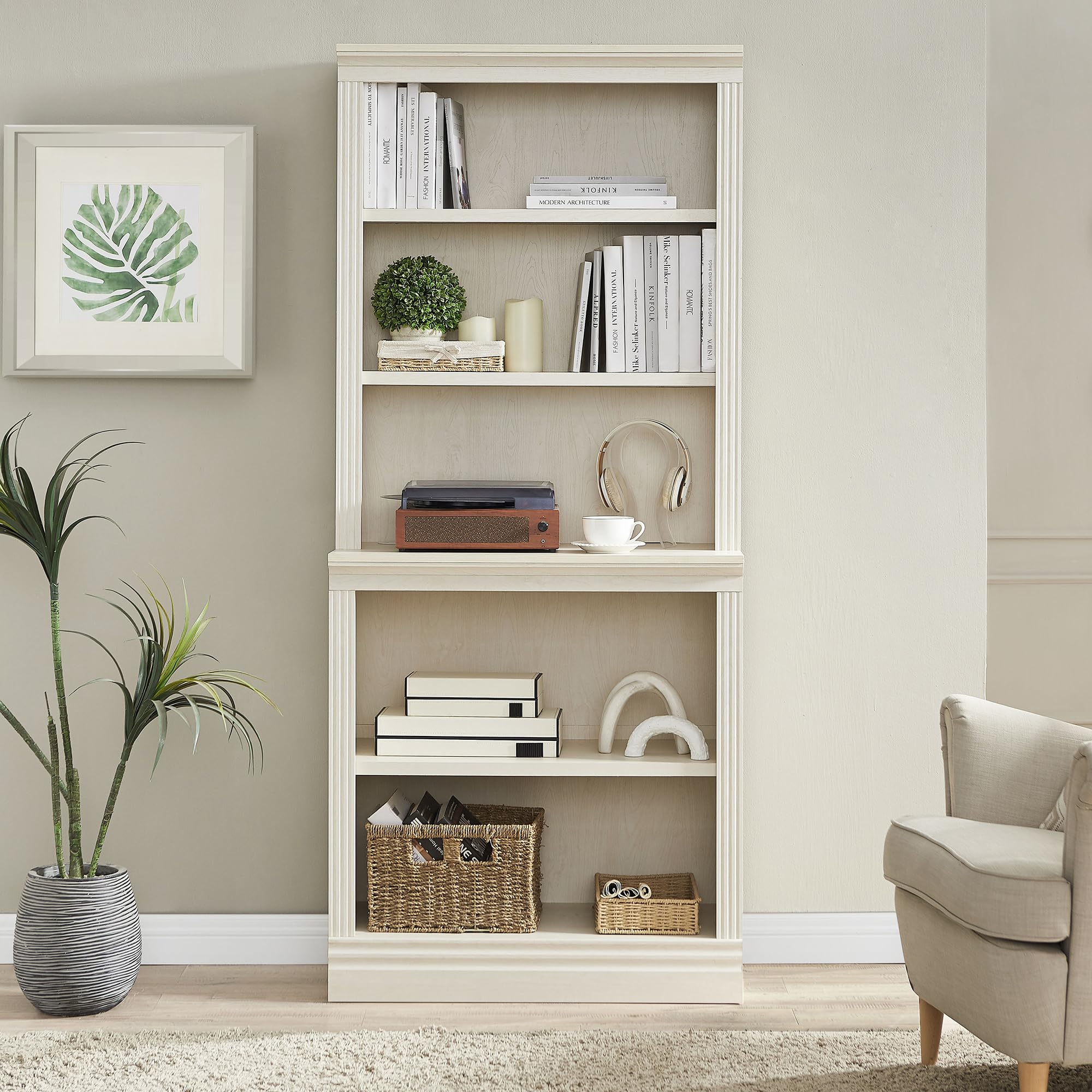 JAHRSTIM Multi-Depth Bookshelves and Bookcase Floor Standing 5 Tier Display Shelves Organizer and Storage, 72in Tall Bookshelf for Home Office, Living Room, Bed Room, Kitchen, Cream