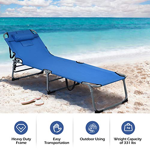 GYMAX Tanning Chair, Beach Lounge Chair with Face Hole, 5 Level Adjustable Backrest, Removable Pillow & Carry Handle, Adult Layout Sunbathing Chair for Outside Beach Poolside Lawn Patio (1, Blue)