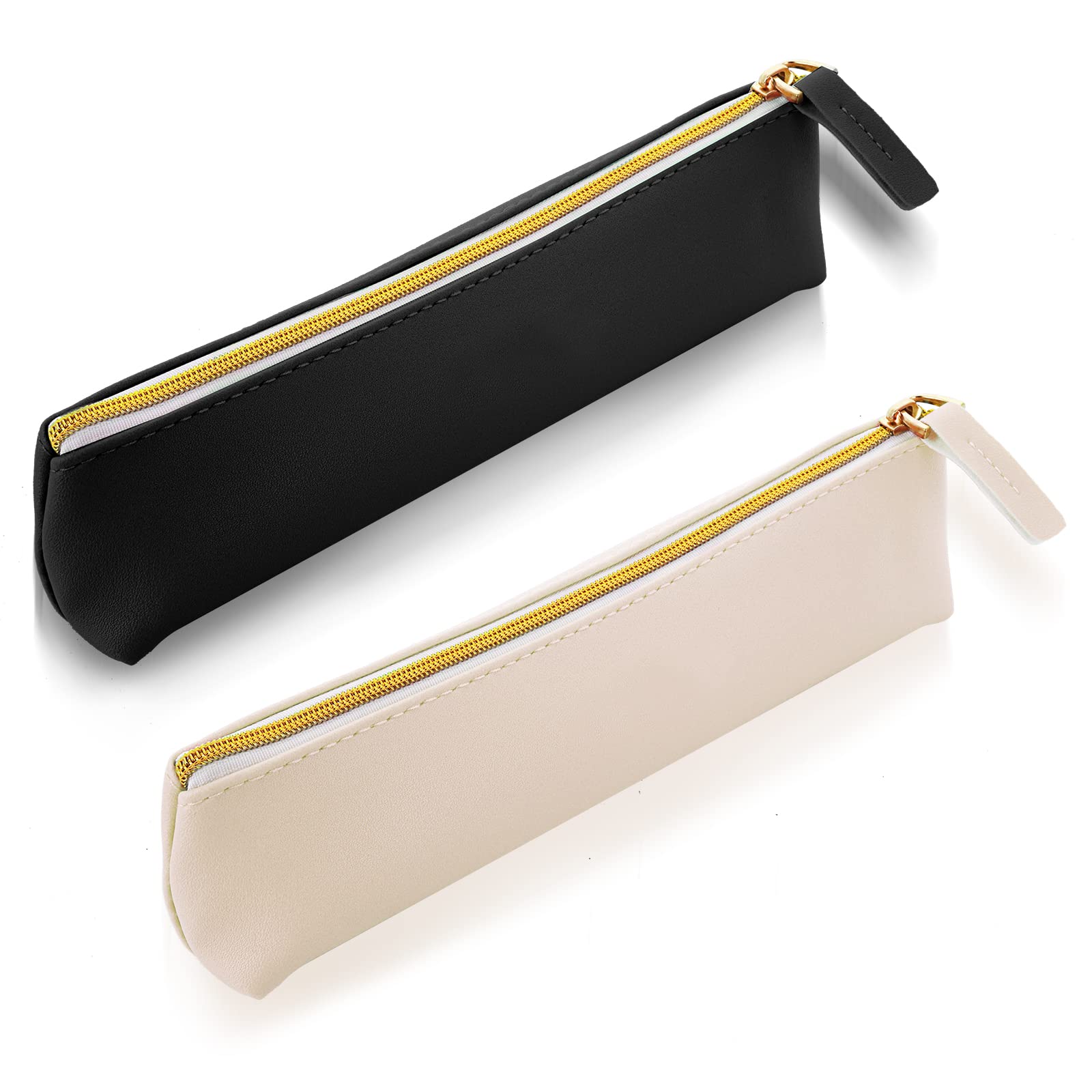 TIESOME Leather Pen Pencil Case, 2PCS Cute Slim Pen Bag Small Pencil Pouch Lovely Stationery Bag Portable Cosmetic Bag Zipper Bag for Pen Pencils Markers(Black+White)
