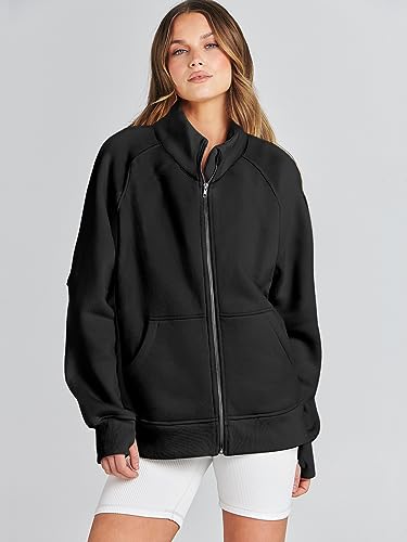 Caracilia Women's Oversized Sweatshirts Long Sleeve Zip Up Y2K Trendy Fashion Sweatshirt Jackets Pullovers Active Comfy Cute Clothes With Thumb Hole C112A0-heise-S Black