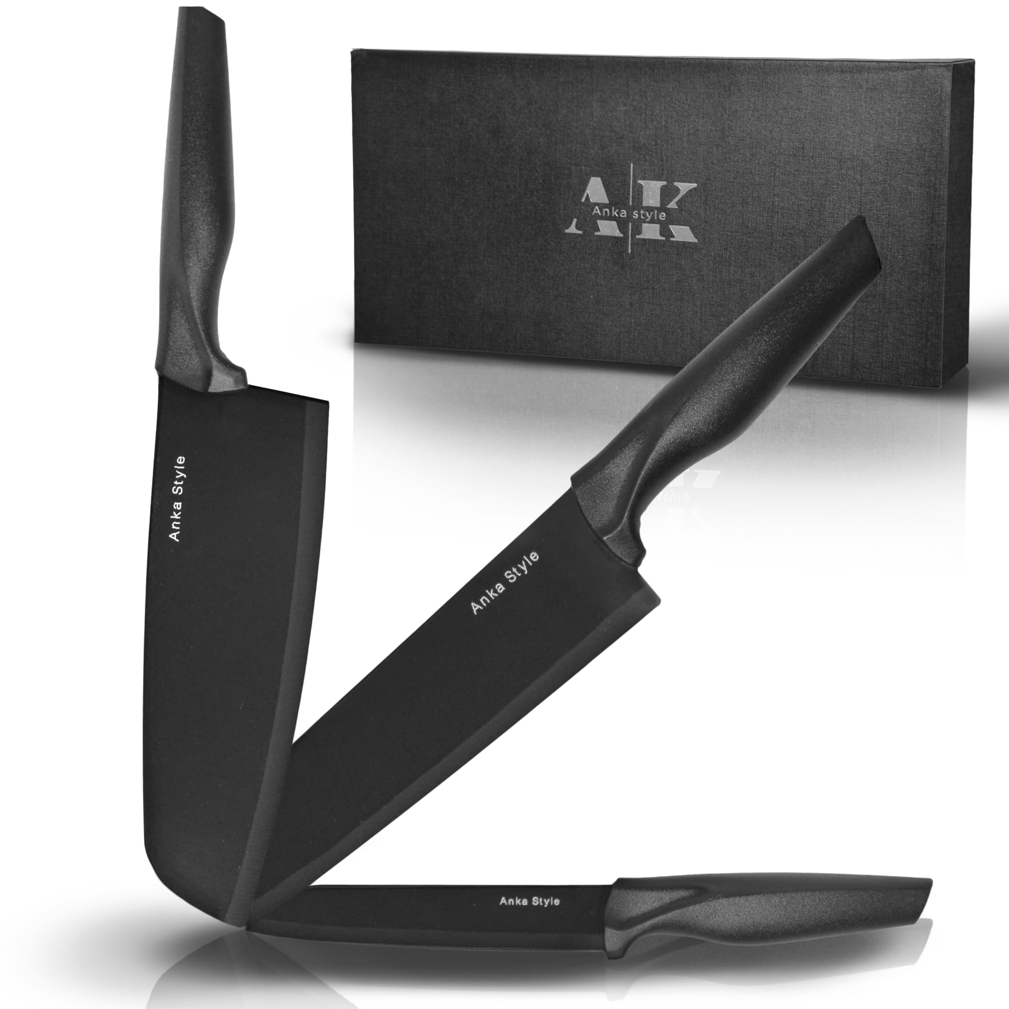 A K Anka style 3 Pcs Black Stainless Steel Knife Set - Premium Chef Knives Set for Kitchen - Culinary Knife Set Gift Box