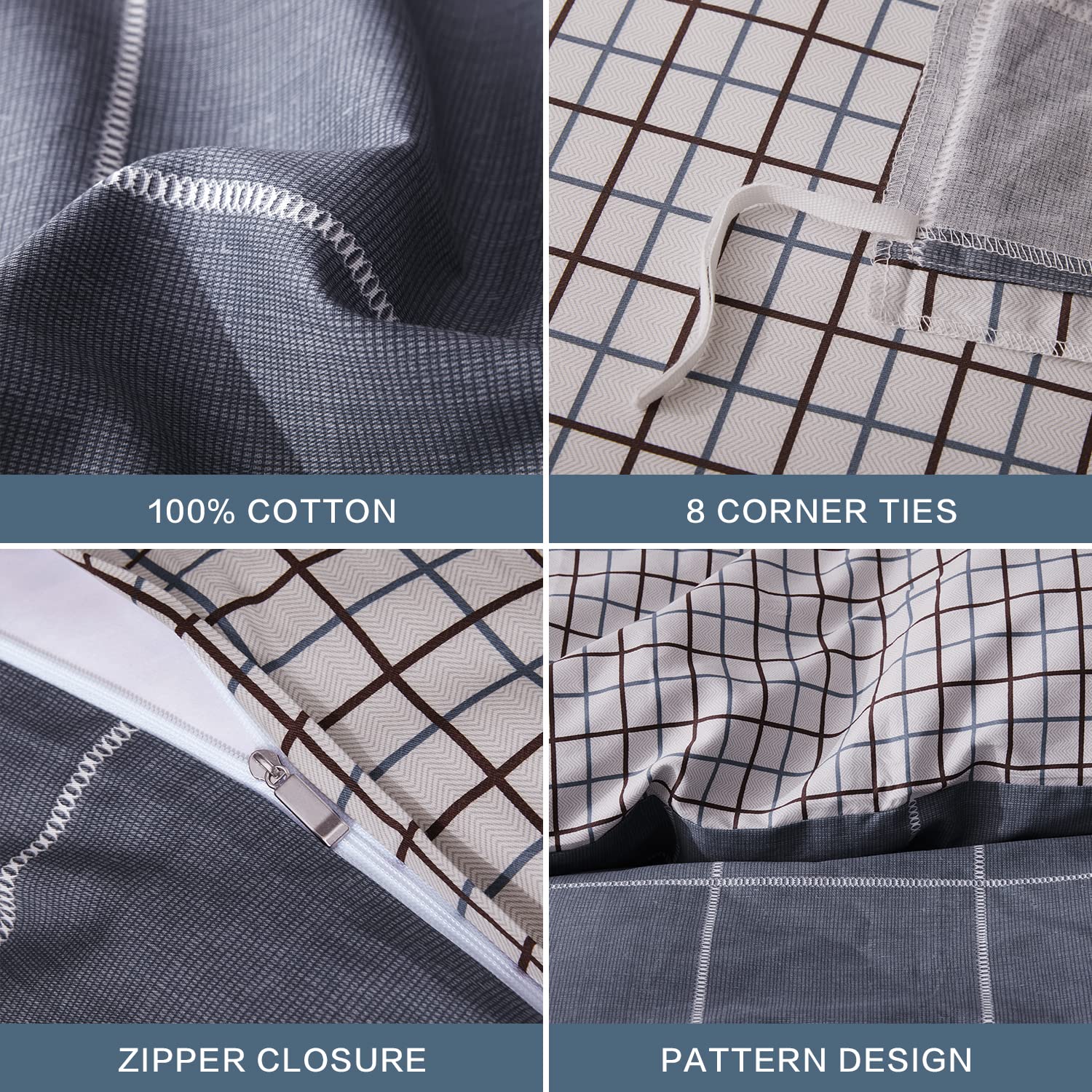 SAPHREAS Gray Plaid Duvet Cover Set Queen Size 3pcs Dark Grey Grey Geometric Grid Cotton Bedding Comforter Cover Set 1 Quilt Cover 2 Pillow Shams