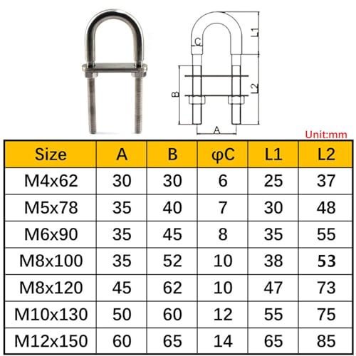 M8x120 U Bolt 304 Stainless steel Tie Down U Bolt (Pack of 2)