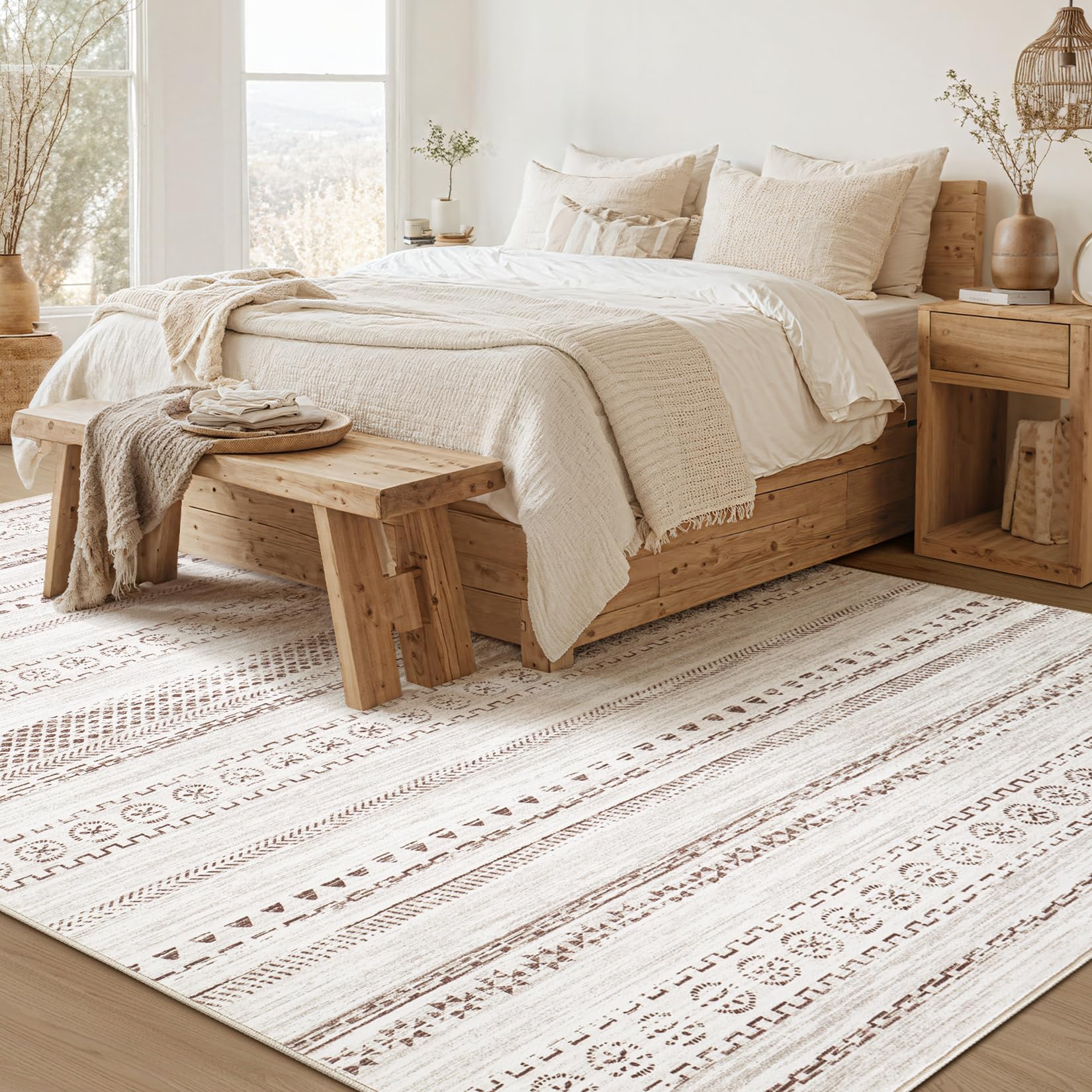 Area Rug Living Room Rugs - 5x7 Washable Boho Farmhouse Bohemian Neutral Large Rug Moroccan Geometric Soft No Slip Indoor Rug Thin Floor Carpet for Bedroom Under Dining Table Home Office - Brown