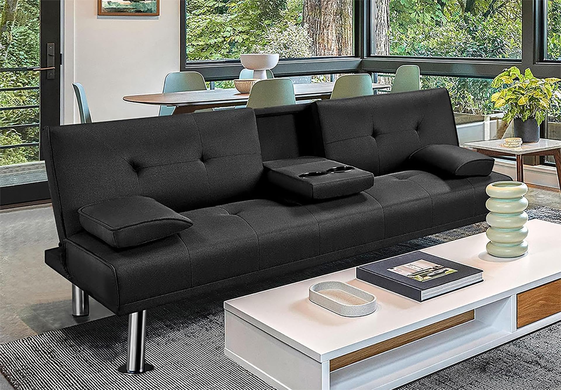 Anwickmak Convertible Futon Sofa Bed,PU Leather Modern Couch Loveseat Sleeper, Folding Daybed Guest Bed, Removable Armrests, 2 Cup Holders, Metal Legs (Black)