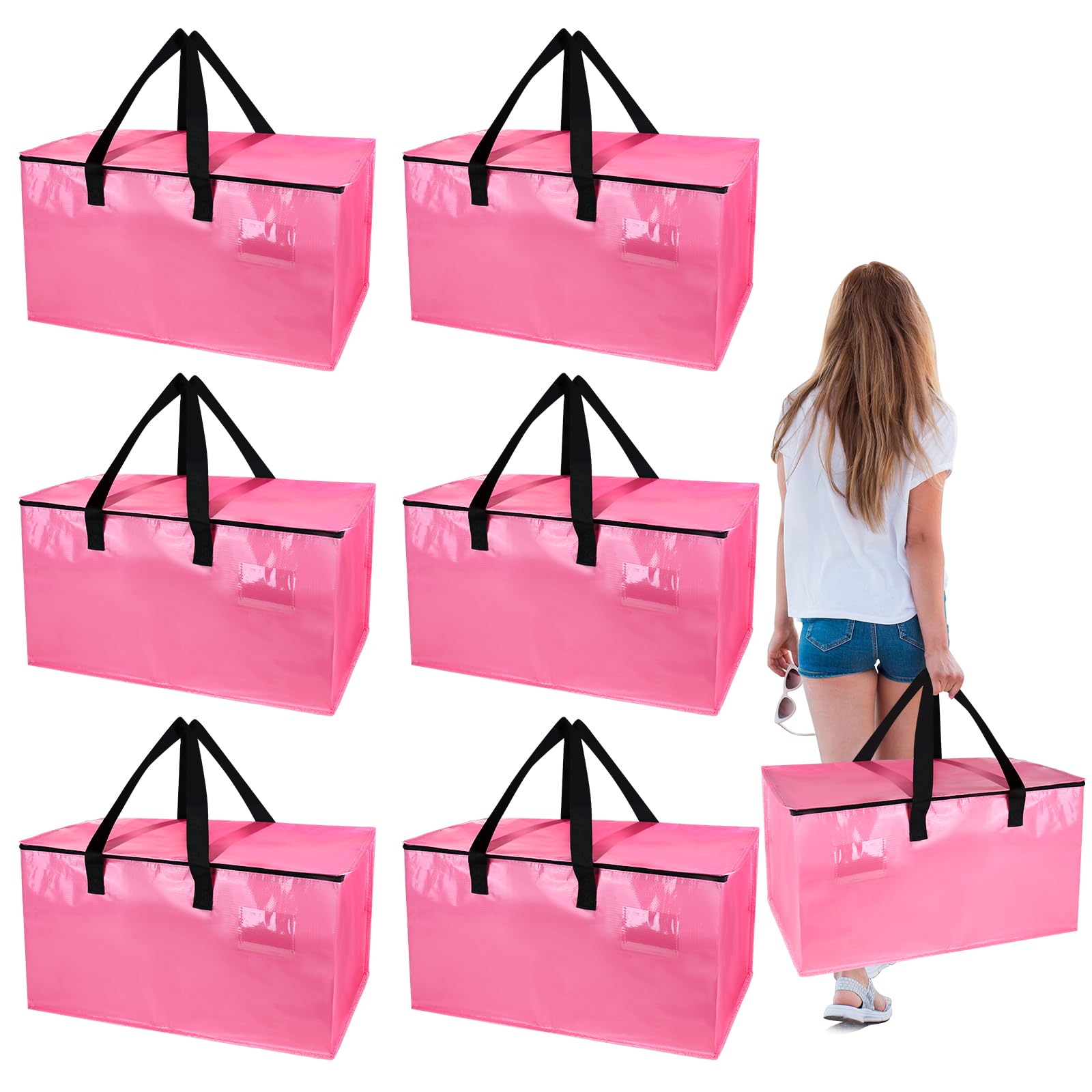 6 Pack Extra Large Moving Bags with Zippers & Carrying Handles, Heavy-Duty Storage Tote for Space Saving, Fold Flat, Water-Resistant, College Dorm Packing Supplies, Alternative to Moving Box - Pink