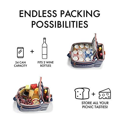 Foundry by Fit + Fresh, Brooks Dual-Compartment Insulated Cooler Bag with Wine Cooler Compartment, Food & Beverage Beach Bag, Picnic Basket, Perfect for Tailgating & Camping Accessories, Navy Stripe