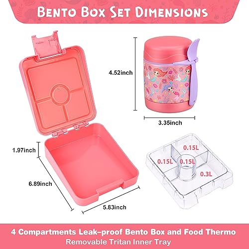 Bento Lunch Box Set With 10oz Soup Thermo, Leak-proof Lunch Containers with 4 Compartment, Kids Hot Thermo Food Jar/Insulation Lunch Bag, Food Containers for School(Mermaid)