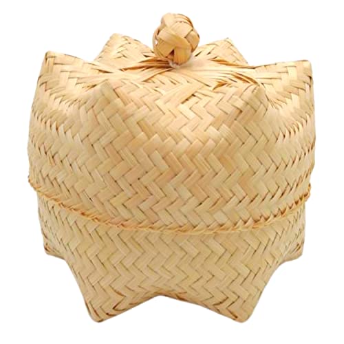 Bamboo Sticky Rice Serving Basket 4.5 x 3.5 Inch, Kratip, Intricately Woven Container, Hexagon-Shaped Weave Pattern, Thailand Handmade, Natural Color (Original Natural Bamboo Color)