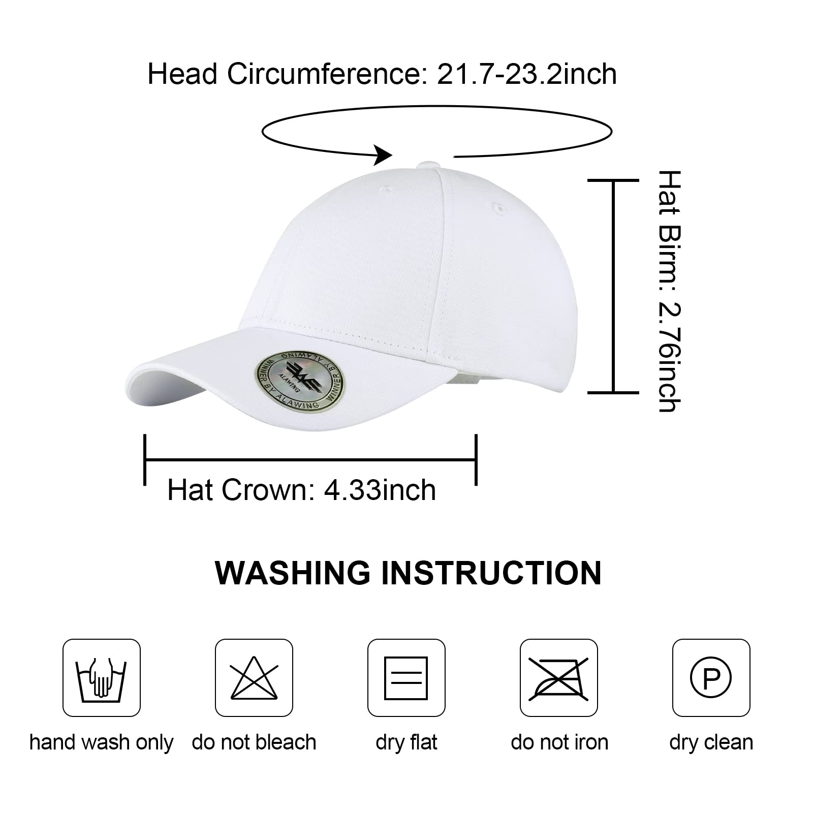 ALAWING Baseball Cap Adjustable Size for Running Workouts and Outdoor Activities Pure Cotton Sweatproof and Breathable (White)