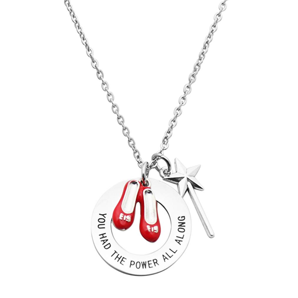 Beeshion Wizard of Oz Necklace Stainless Steel Charm with Ruby Red Slippers Pendant Necklace Inspirational Gift for Her (Wizard of Oz Necklace)