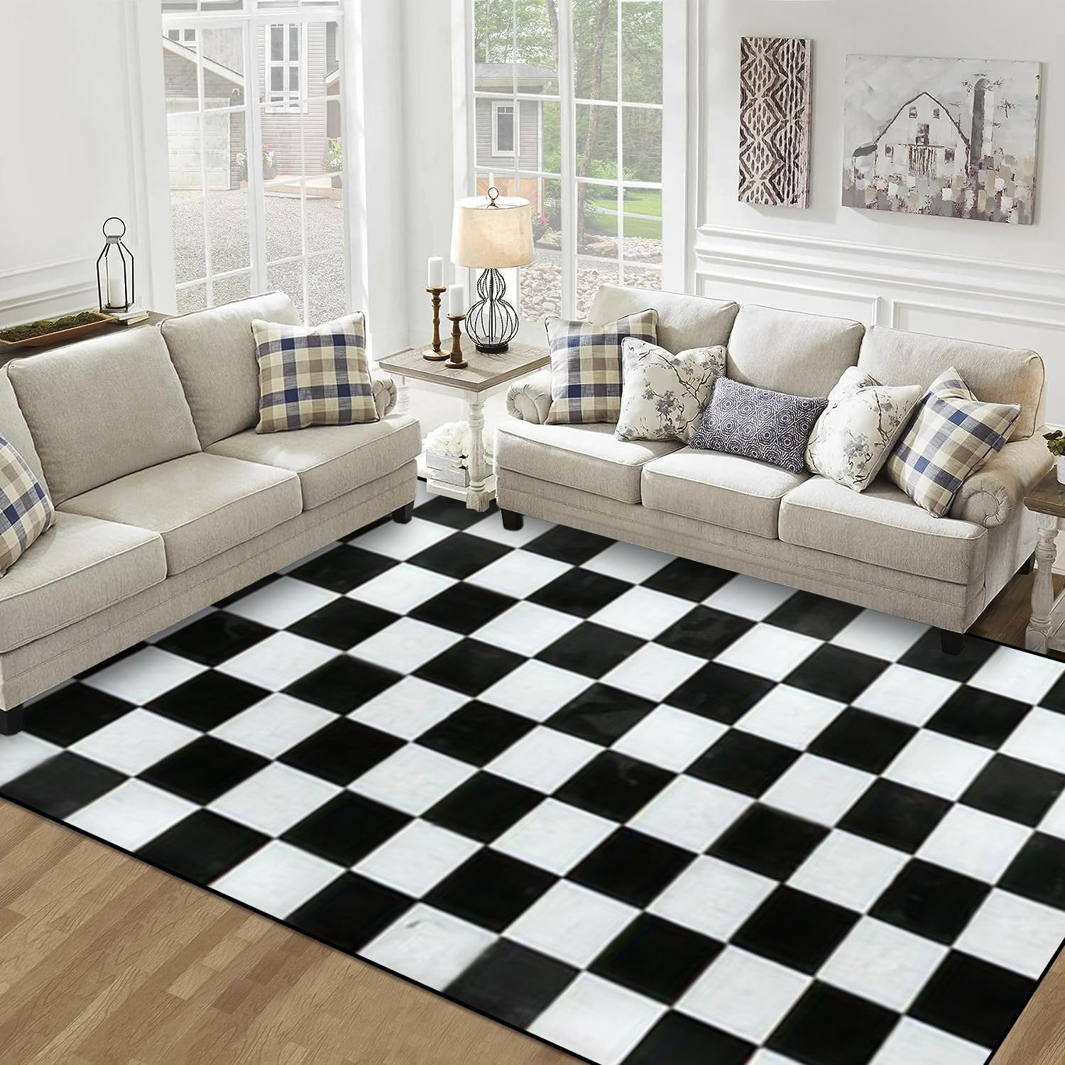 Area Rug White Black Checkered Ceramic Tiles Pattern Seamless Washable 4x6 feet Rugs for Bedroom Kitchen Living Room Non Slip Outdoor Carpets Soft Mats for Home Playroom Decor