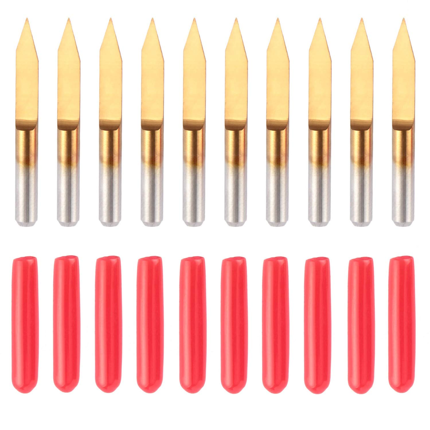 HQMaster CNC Engraving Bits, V Bit Cutter 10 Pack 0.1mm Tip Tungsten Steel Titanium Coated Flat Bottom Sharp Cutting Router Rotary Tool Set for PCB PVC Wood Acrylic Metal Aluminum
