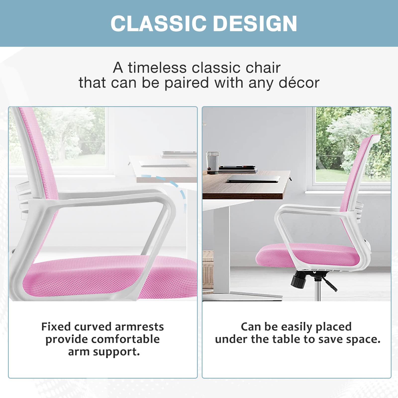 AFO Ergonomic Office Chair Adjustable with Comfortable Lumbar Support, Armrest and Padded Seat, 360 Degree Swivel, Mid Back Breathable Mesh, Rocking Mode, for Conference Room, Executive, Study, Pink