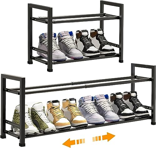 Bumusty Expandable 2 Tier Shoe Organizer Rack, Shoe Rack for Closet, Closet Shoe Rack Storage, Small Shoe Rack for Entryway Small Space Floor Door, Black