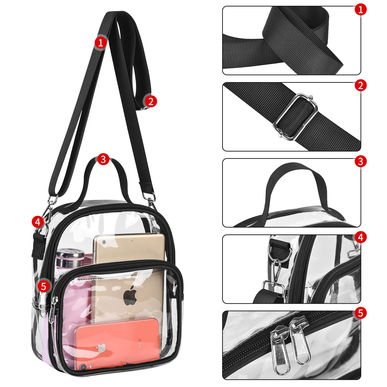 Clear Crossbody Purse Bag Stadium Approved Clear Tote Bag with Strap for Concert Sports Work Gym Games (Black)