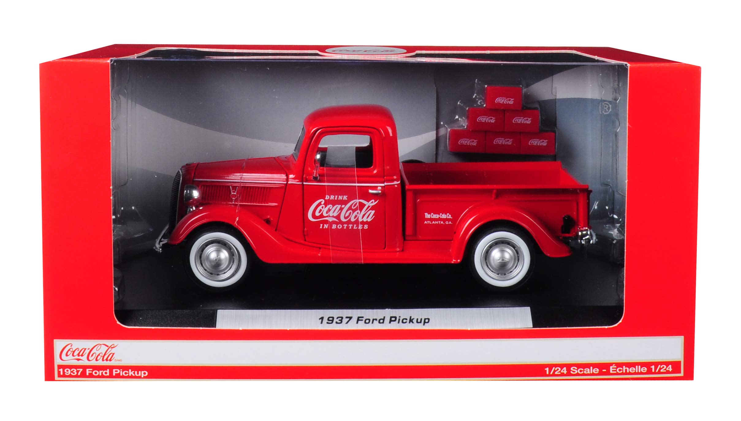Coca-Cola 1937 Ford Pickup Truck, 6 Bottle Carton Accessories 1/24 Diecast Model Car Motorcity Classics, 7-inch Long, Red, Zinc