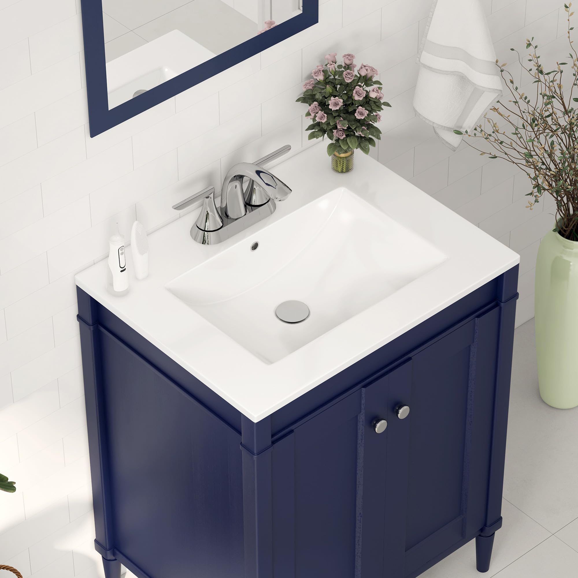 Eridanus 24"x18¼" Bathroom Sink with Three Holes (4inch Centerset), Ceramic Bathroom Vanity Sink Top with Overflow, Drop in Bathroom Vessel Sink Rectangle Ideal for Small Spaces - Glossy White
