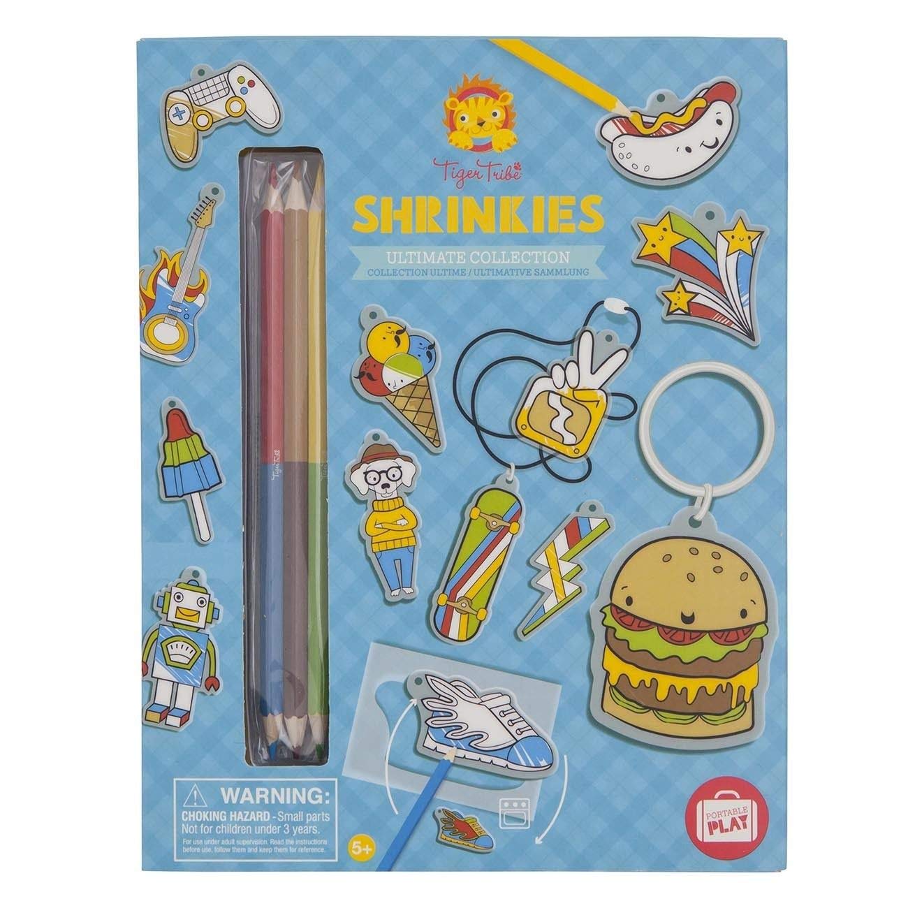 Big Game Toys~Ultimate Shrinkies Shrinky Art Shrink Film Kit Boy Dinks Zipper Pull Keychain Space Ship, Skate Boards, Robots, Guitar, Ice Cream