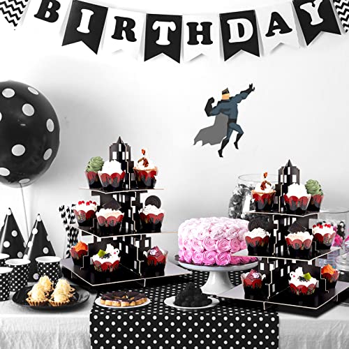 City Skyscraper Cupcake Stand 3 Tier with 24 Pcs Building Party Cupcake Wrappers Cardboard Cupcake Tower Black Skyscraper Dessert Stands for Birthday Table Decor Christmas Party Favor