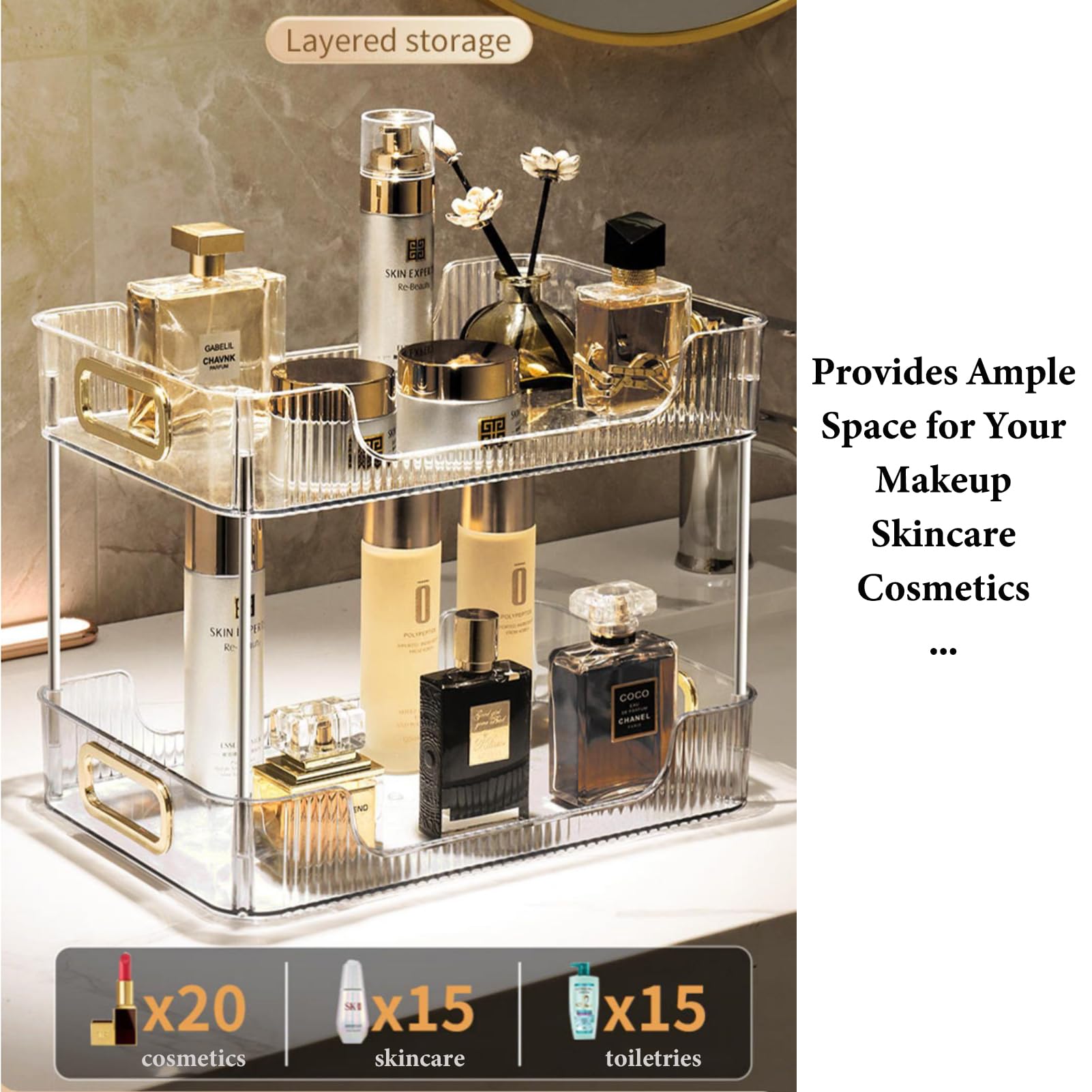 AOTENG STAR Clear Makeup Organizer Bathroom Vanity Skin Care Organize, Cosmetic Display Case, Makeup Holder Ideal for Bedroom Bathroom Storage Countertop (11.8" L x 8.27" W x 5.9" H(2-Tier))