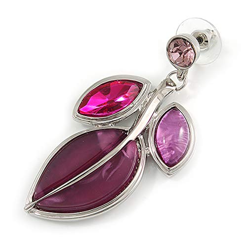 Avalaya Statement Purple/Magenta Glass, Crystal Leaf Necklace and Drop Earrings In Rhodium Plating - 40cm L/ 8cm Ext