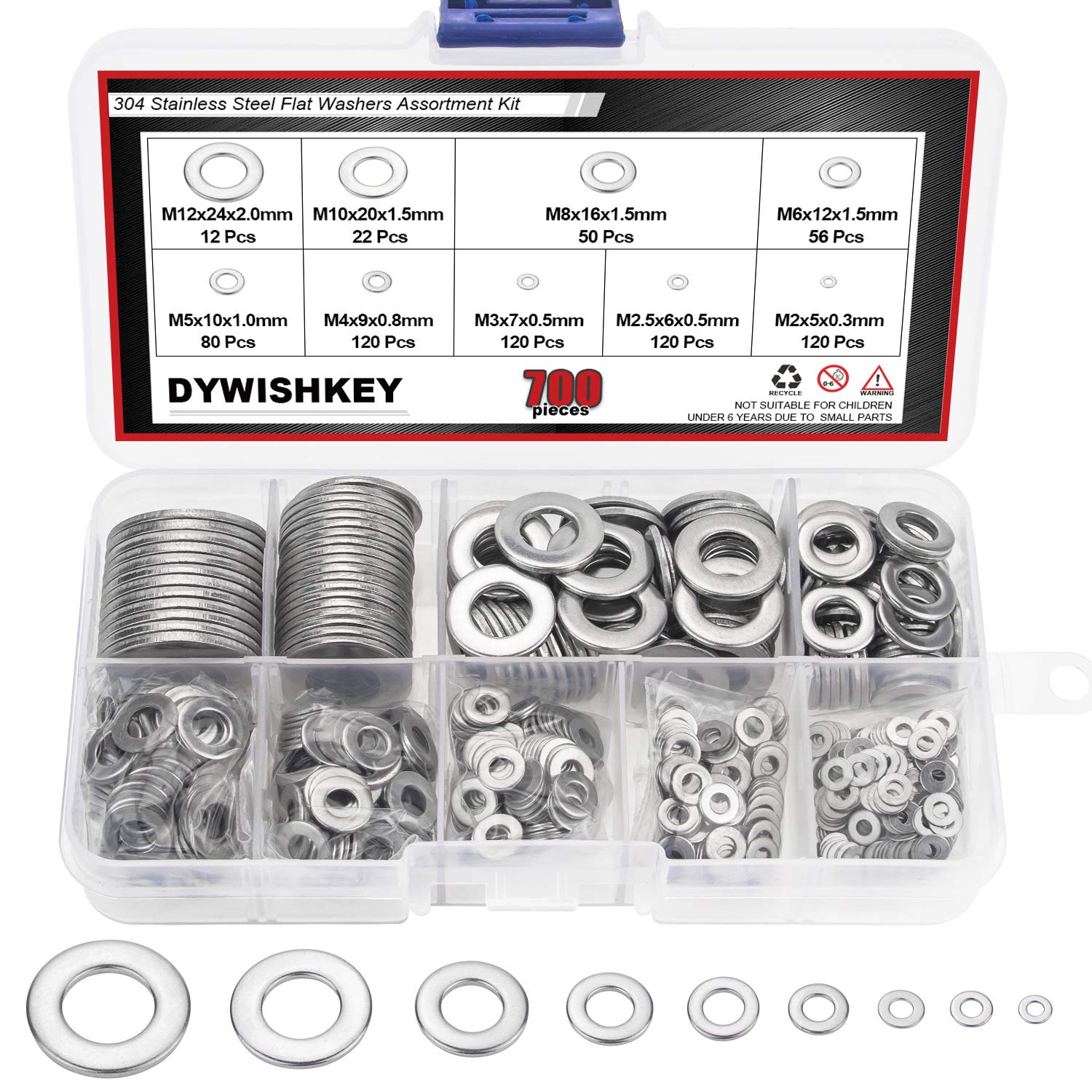 DYWISHKEY 700 Pieces 9 Sizes Stainless Steel Flat Washers Assortment Kit (M2 M2.5 M3 M4 M5 M6 M8 M10 M12)