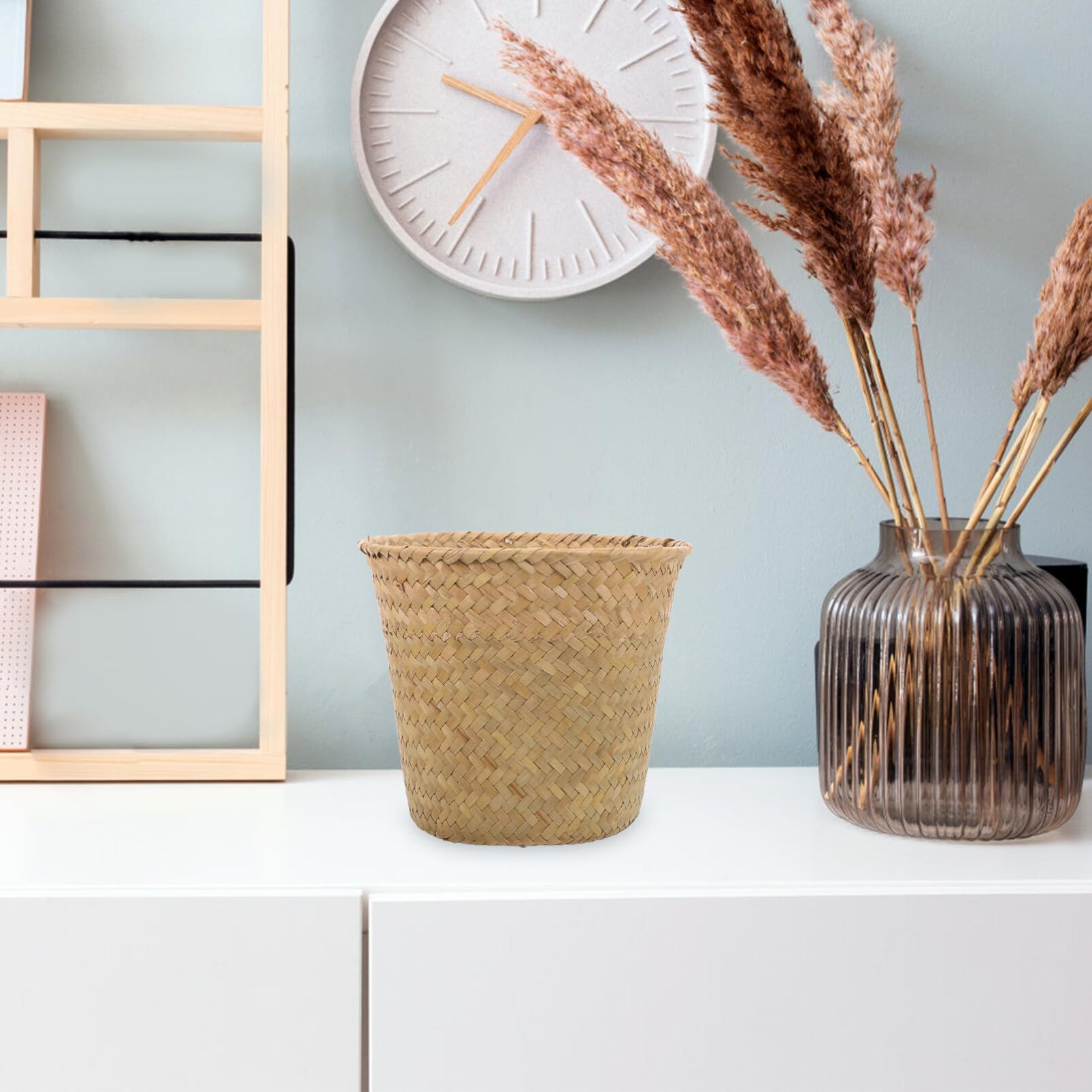 ABOOFAN Wicker Waste Basket Woven Trash Can Boho Recycle Garbage Container Bin Laundry Hamper Plant Flower Pot Storage Basket for Bathroom Kitchen Office