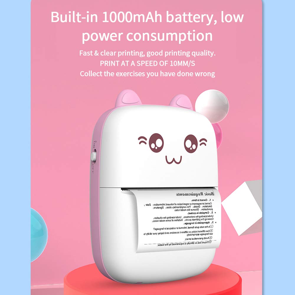 Fernuenx Mini Portable Printer, Wiresless Bluetooth Inkless Pocket Thermal Printer with 6 Rolls of Thermal Paper for Android iOS Phone,Gift for Notes Study Travel Photos Office Home,Pink