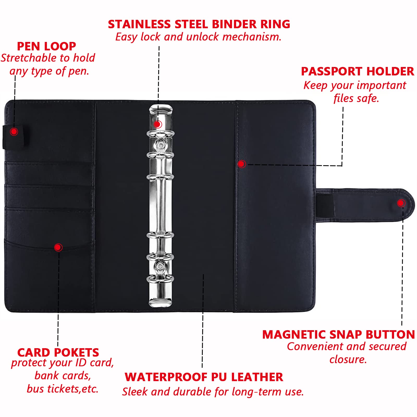 A6 Budget Binder with 8pcs Zipper Cash Envelopes, Pu Leather Cash Organizer for Money Saving with 12pcs Bill Budgeting Sheets Black