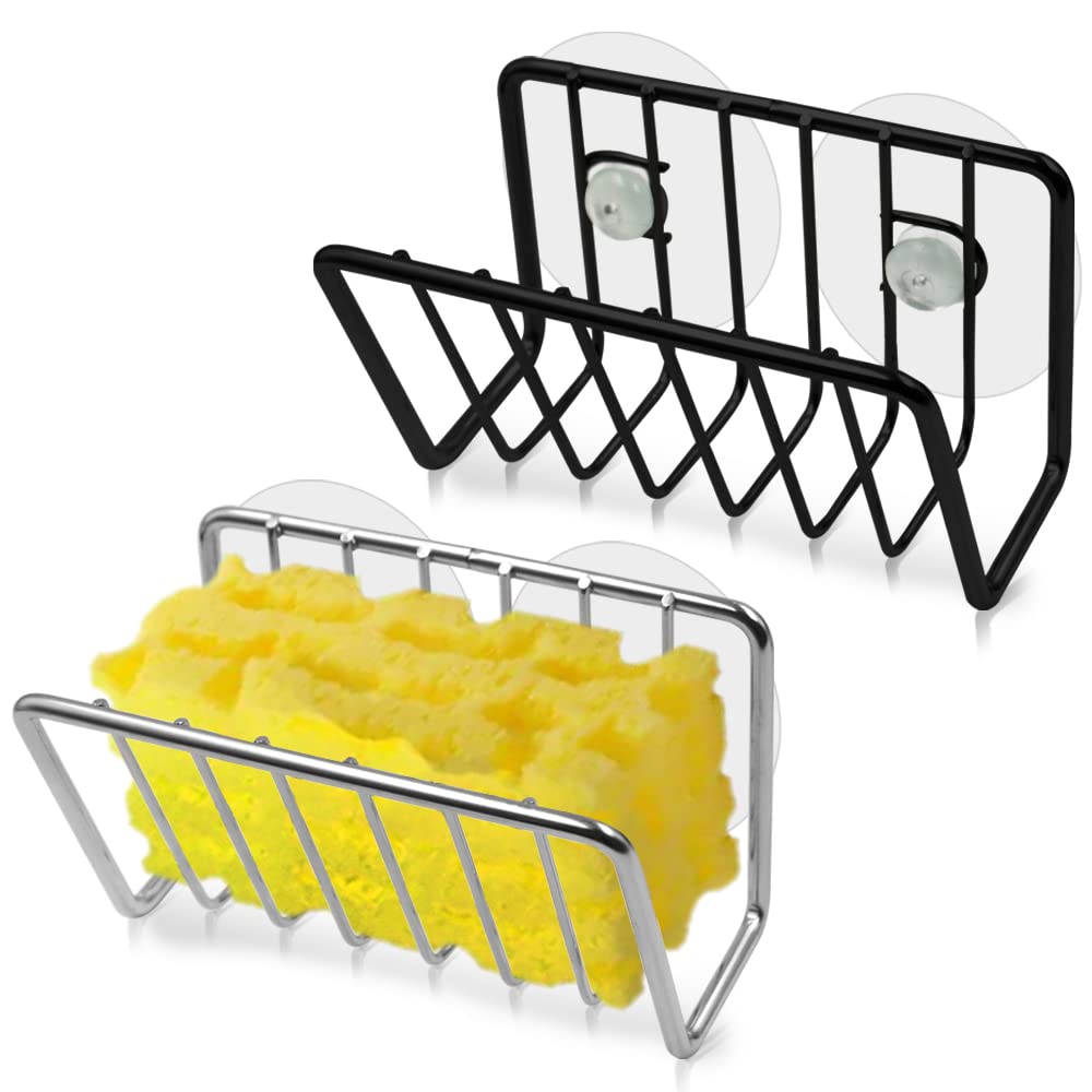 AFUNTA Sponge Holder for Kitchen Sink, 2 Pcs Stainless Steel Sponge Holder Soap Bar Holder with 4 Suction Cups, Kitchen Sink Organizer for Sponge, Soap, Scrubber