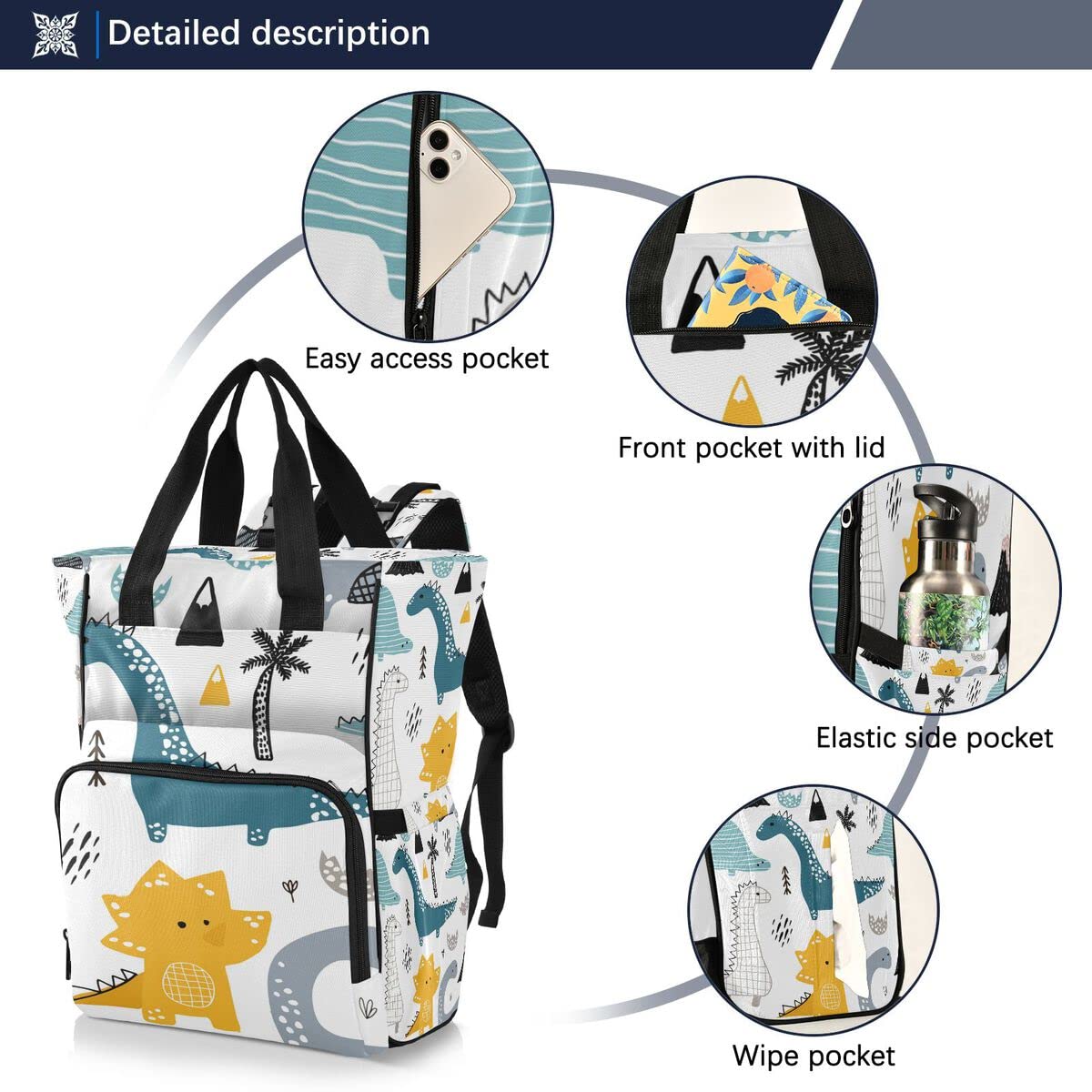 ALAZA Cute Dinosaur Palm Tree Diaper Bag Backpack Multifunction Travel Back Pack Large Capacity Bag