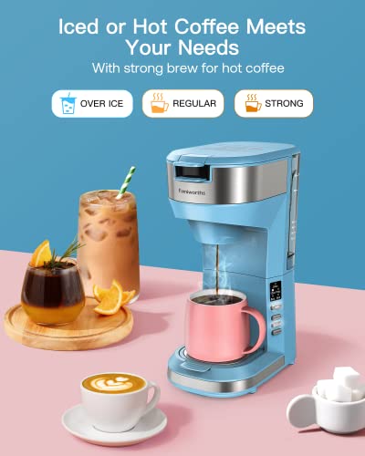 Hot and Iced Coffee Maker for K Cups and Ground Coffee, 4-5 Cups Coffee Maker and Single-serve Brewers, with 30Oz Removable Water Reservoir, 6 to 24Oz Cup Size, Pot and Tumbler Not Included, Blue