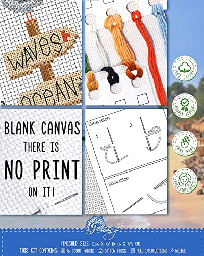 Beach Signs Cross Stitch Bookmark - Coastal Wood Signs Embroidery Set with Paper Pattern, 16 Count Aida Cloth and Pre-Sorted Floss