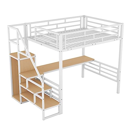 CITYLIGHT Full Size Loft Bed with Staircase and Desk, Metal Loft Bed Frame with Wardrobe and Storage Shelves, Full Loft Bed with Desk for Kids, Teens, Boys & Girls (Full, White)