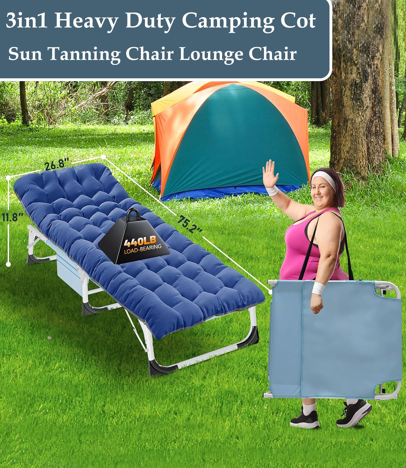 ABORON Patio Lounge Chair, 4in1 Folding Heavy Duty 500LB Loading Chaise Chair, Adjustable Portable Chair for Home Garden Beach Office Nap Camping Sleeping