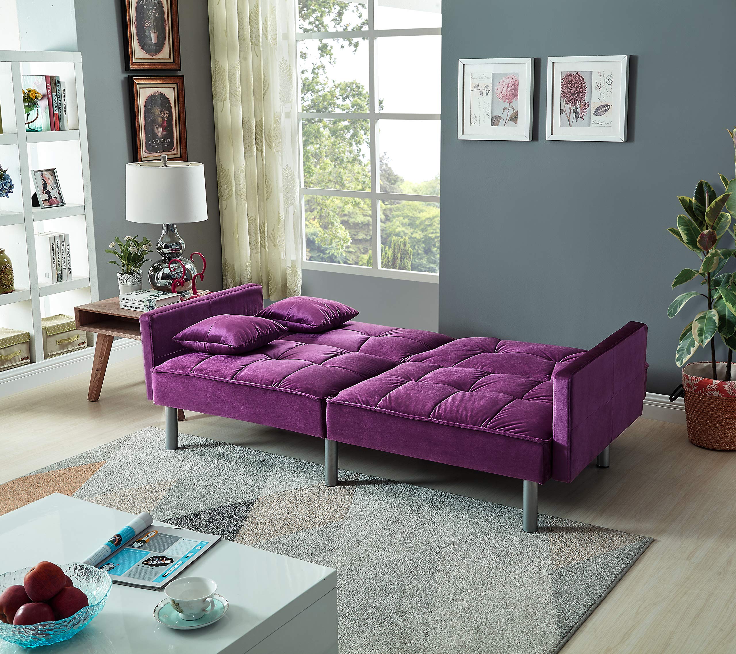 Legend Furniture Velvet Loveseat Futon Convertible Sofa Bed for Living Room and Couch for Bedroom Sofabed Sleeper, 75.5'', Purple