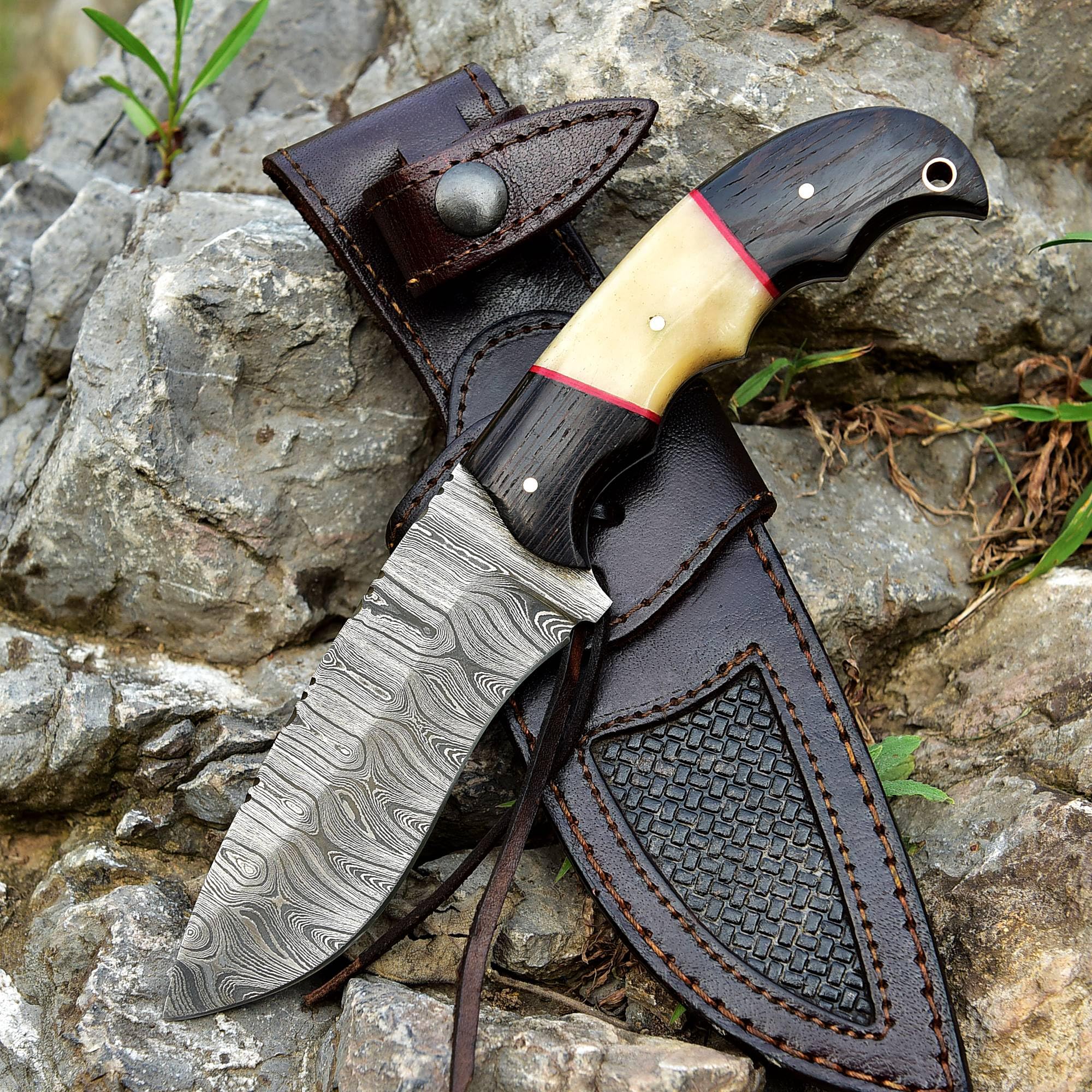AA Knives 9.25 Inch Handmade Damascus Steel Fixed Blade Hunting knife with Leather Sheath β Perfect for Hunting and Survival with Wenge Wood & Camel Bone Handle
